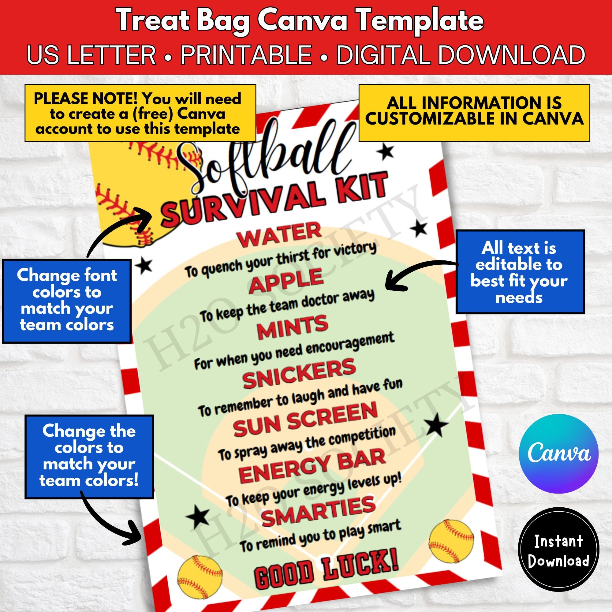 Editable Softball Survival Kit Gift Tag, Gift Bag Printable, Softball ...