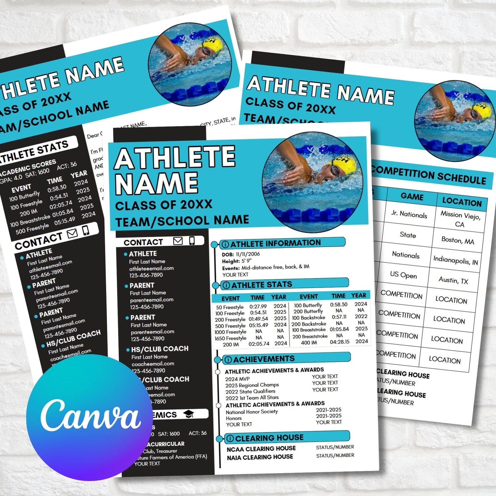 Swimmer Athlete Profile Sheet, College Recruiting, Editable Canva ...