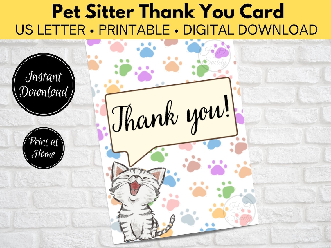Pet Sitter Thank You Card, Printable Cat Sitter Gift, Cat Thank You ...