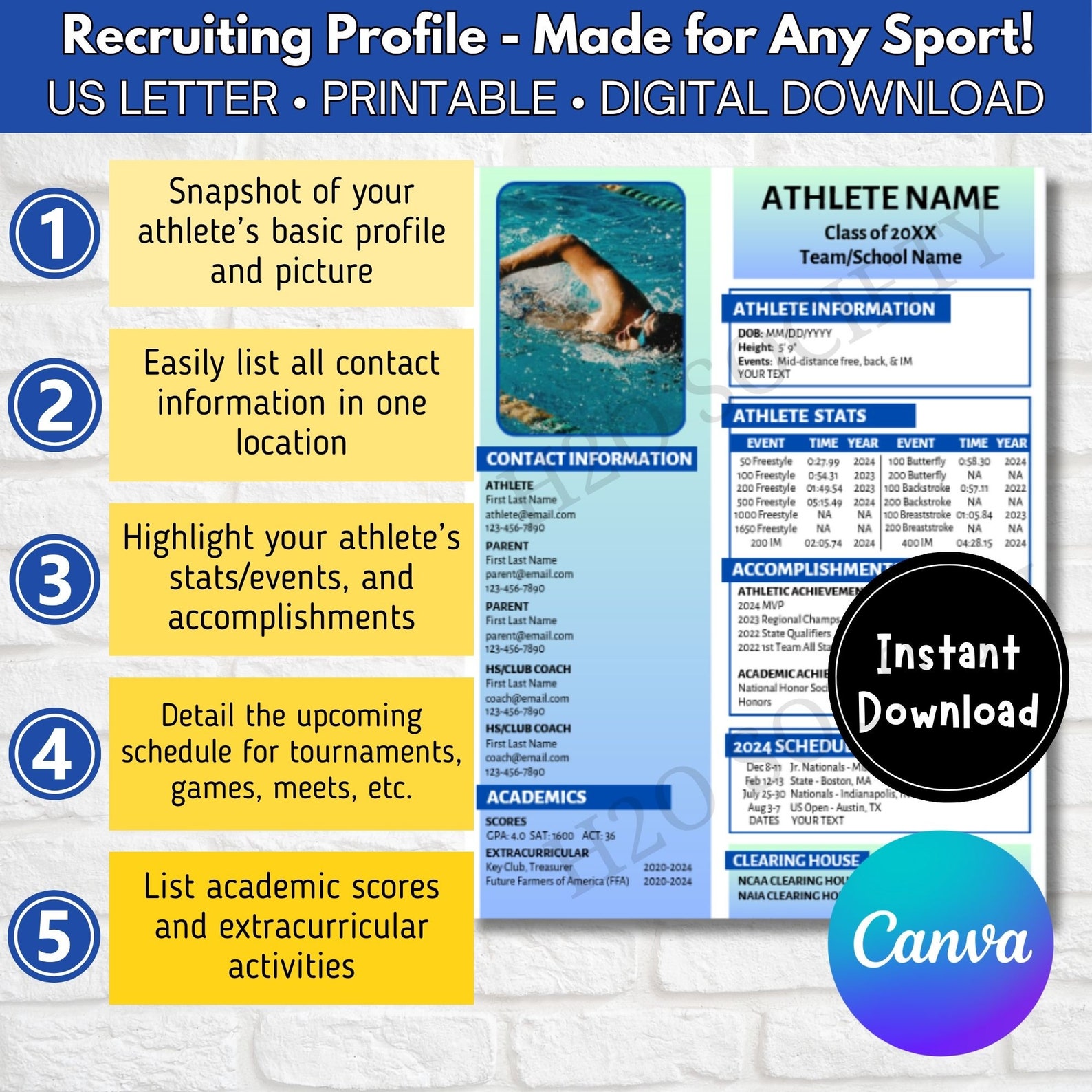 Athlete Profile Sheet, College Recruiting, Editable Canva Template, All ...