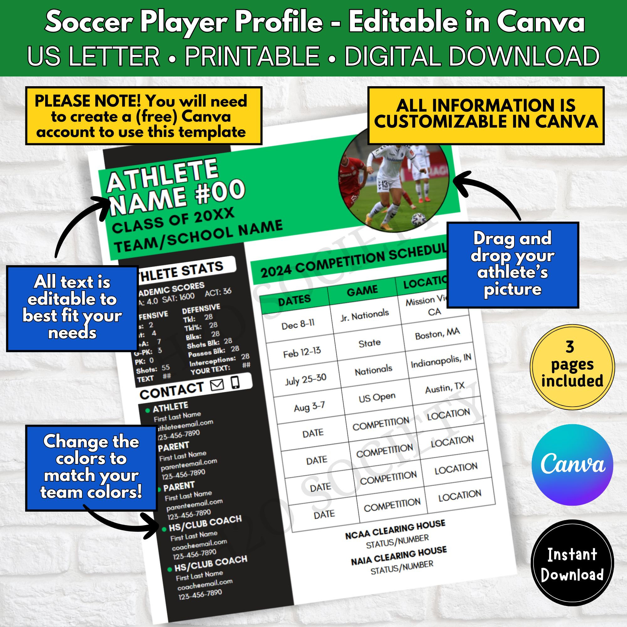Soccer Athlete Profile Sheet, College Recruiting, Editable Canva ...