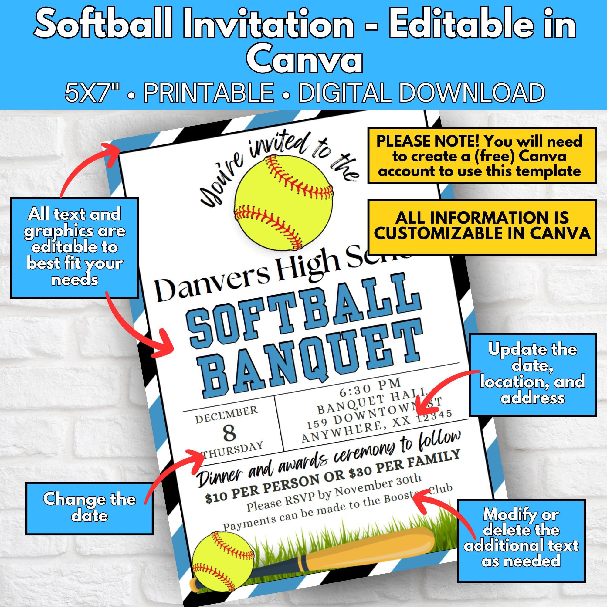 Printable Softball Invitation Template, Team Party, End of Season ...