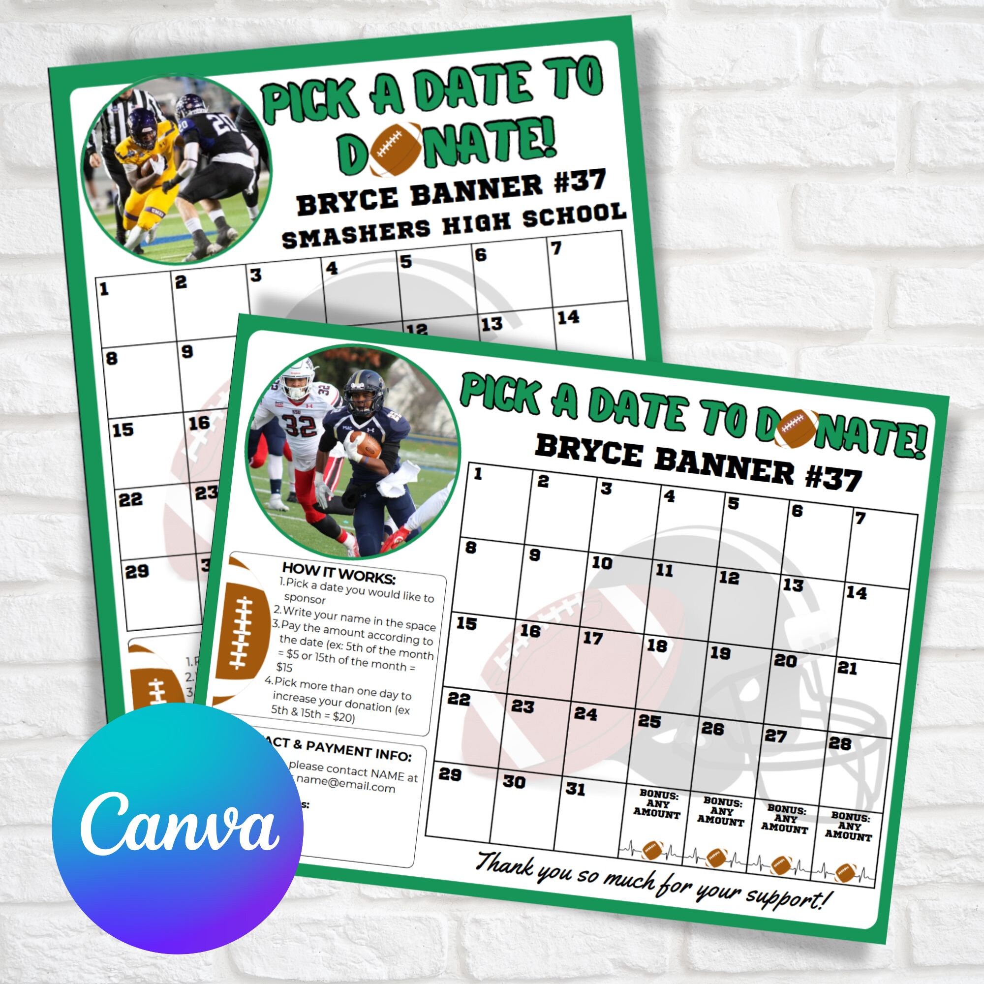 Editable Football Calendar Fundraiser Template, Pick a Date to Donate ...