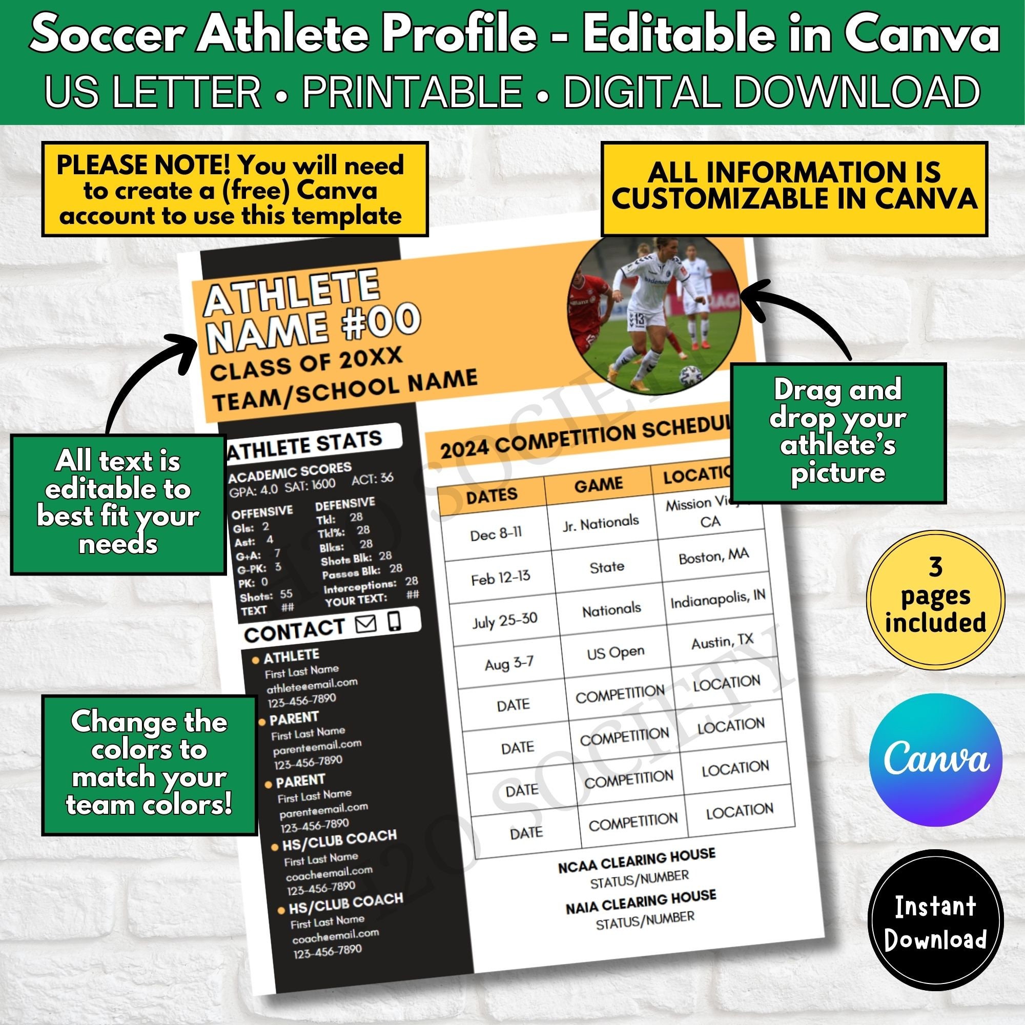 Soccer Athlete Profile Sheet, College Recruiting, Editable Canva Template, Soccer Profile ...
