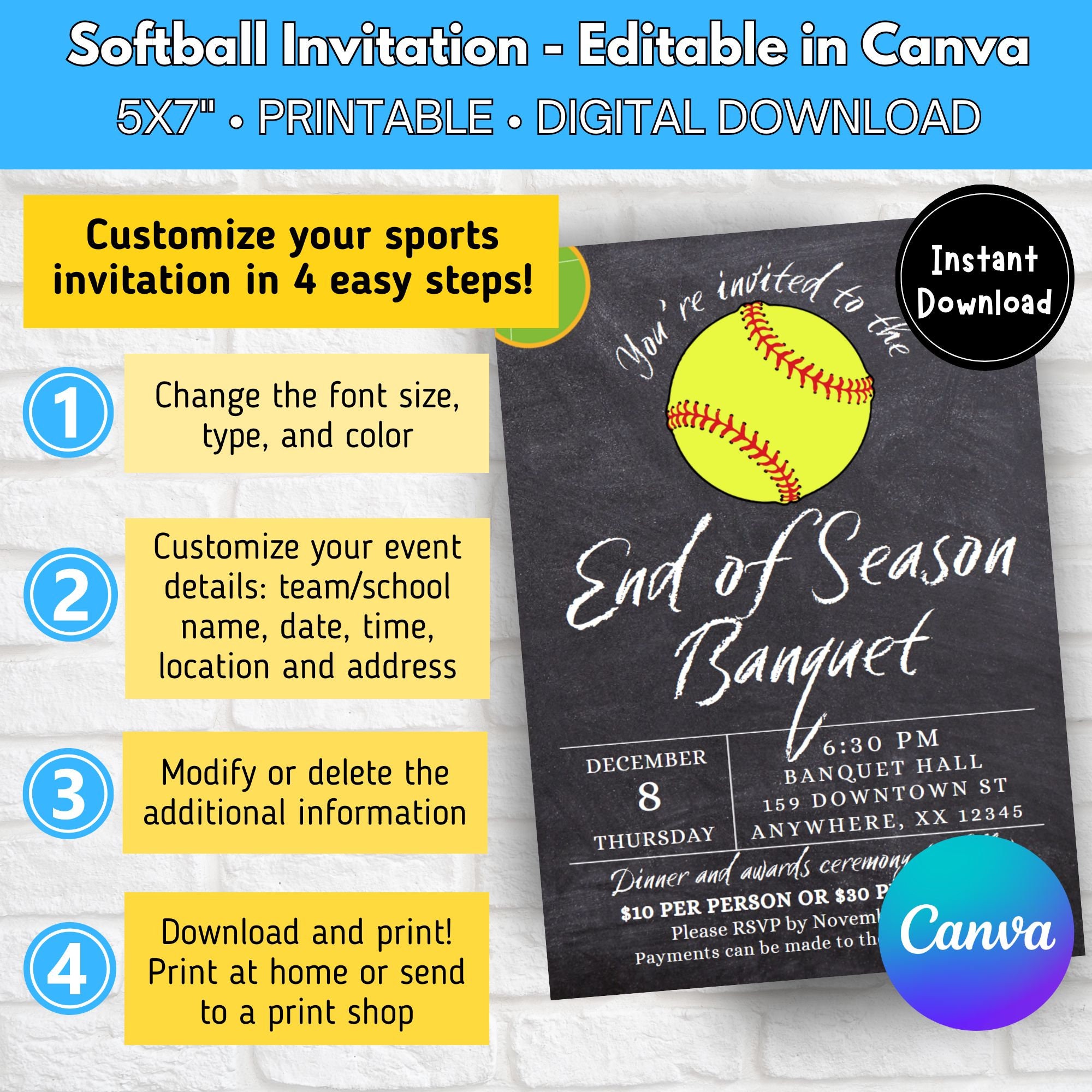 Printable Softball Invitation Template, Team Party, End of Season ...