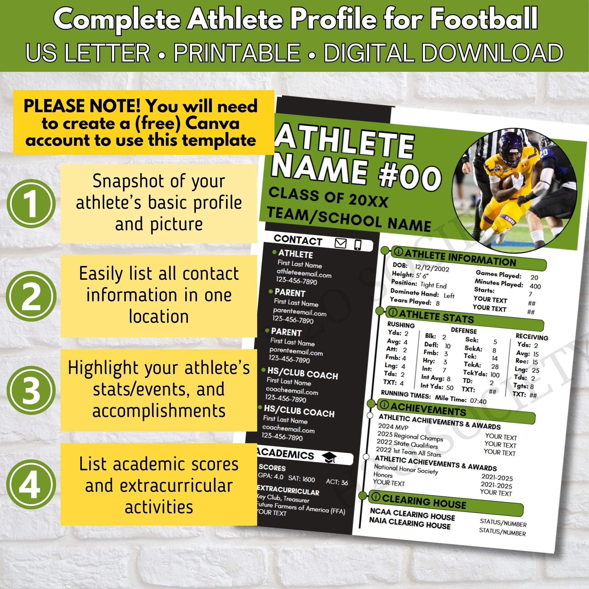 Football Player Profile, Athlete Profile Sheet, College Recruiting ...