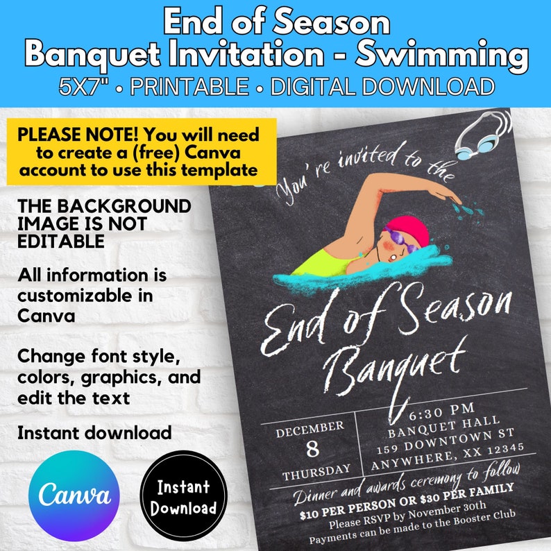 Printable Swim Team Banquet Invitation, Team Party, End of Season ...