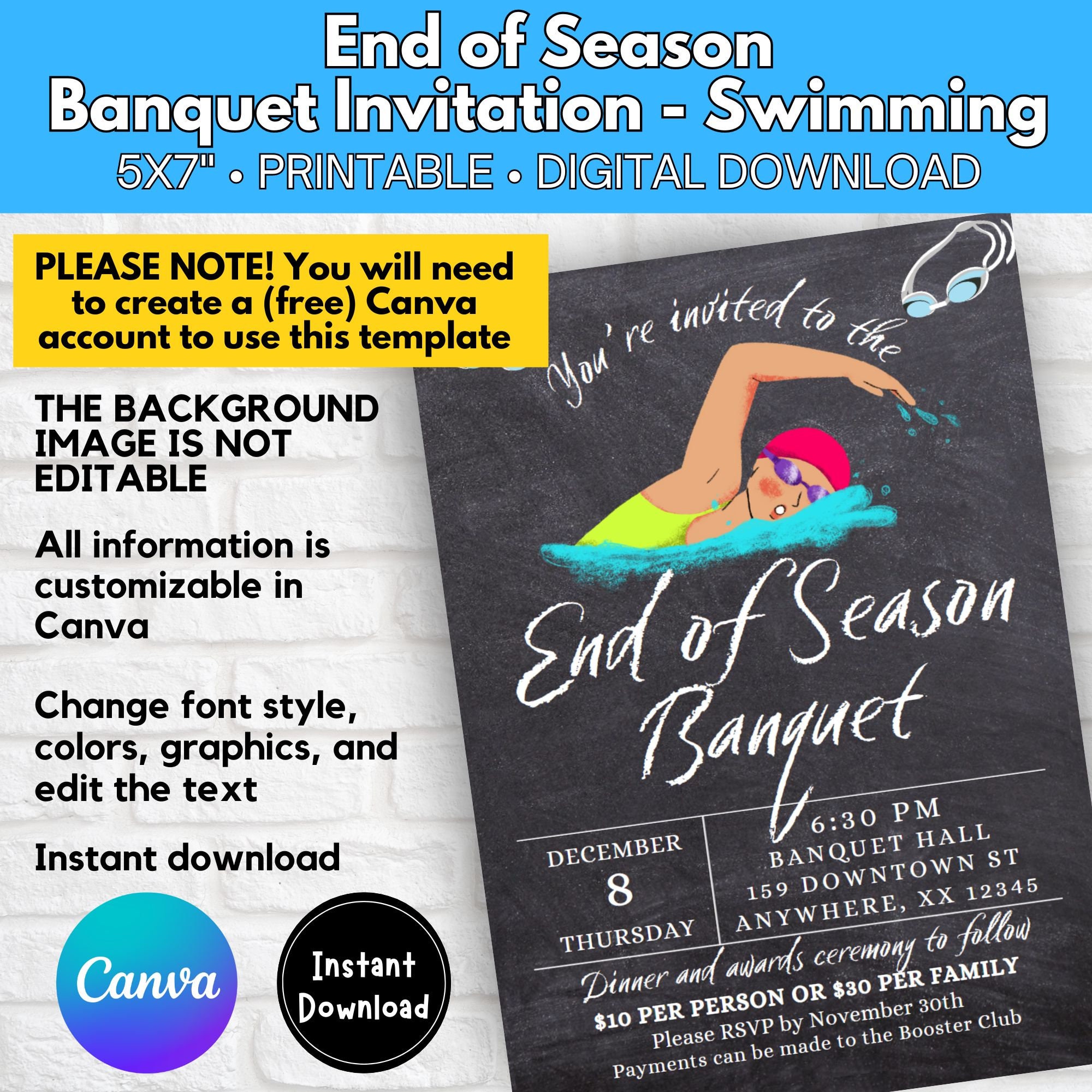 Printable Swim Team Banquet Invitation, Team Party, End of Season ...