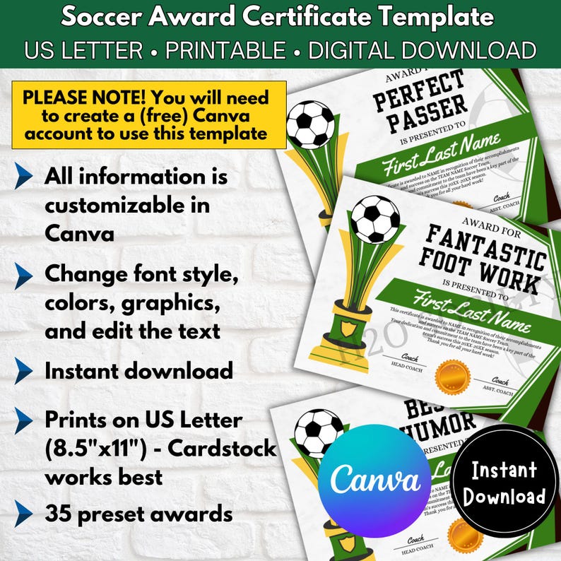 Editable Soccer Award Certificates, Canva Template, Certificate ...