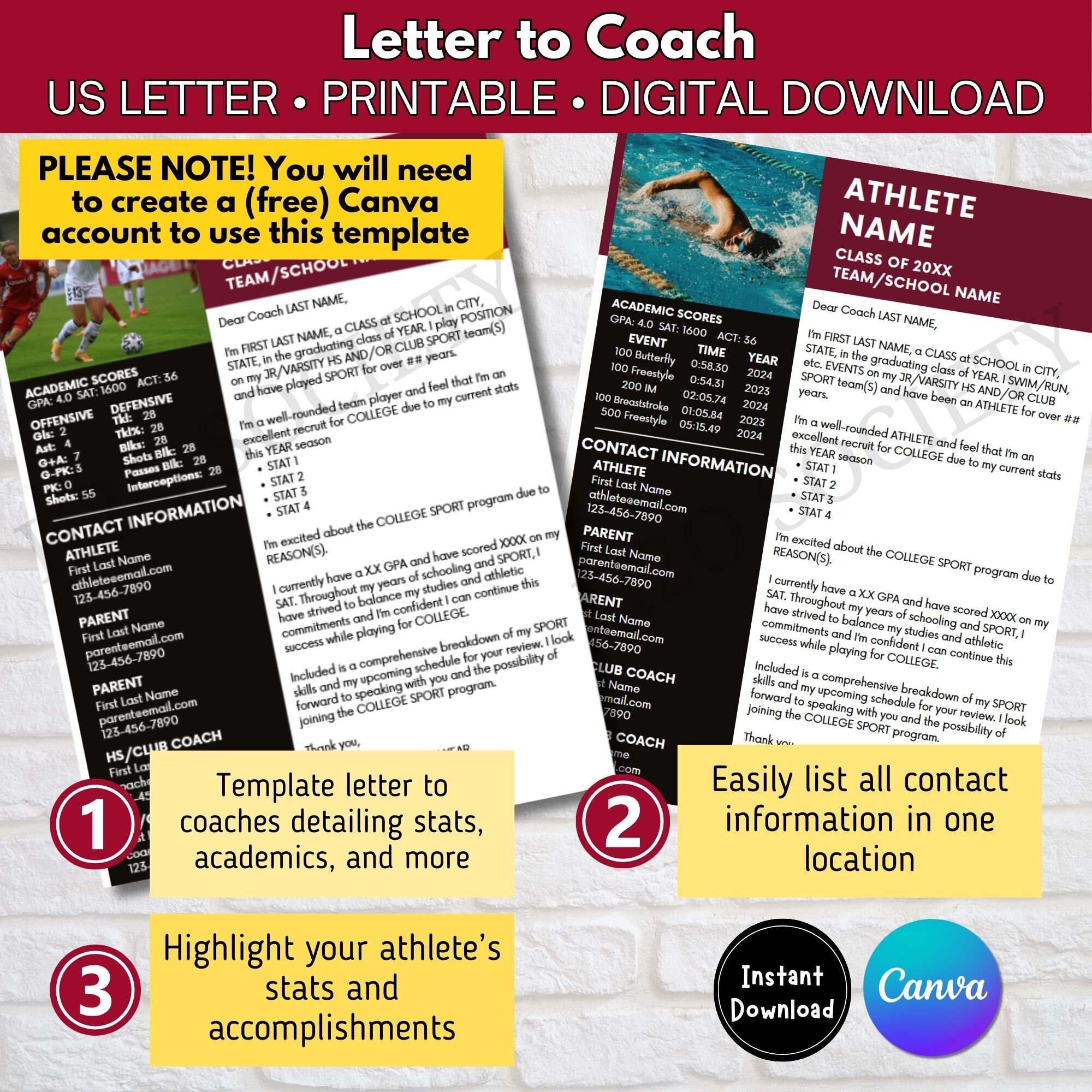 Athlete Profile Sheet, Athlete Digital Profile Card, College Recruiting ...