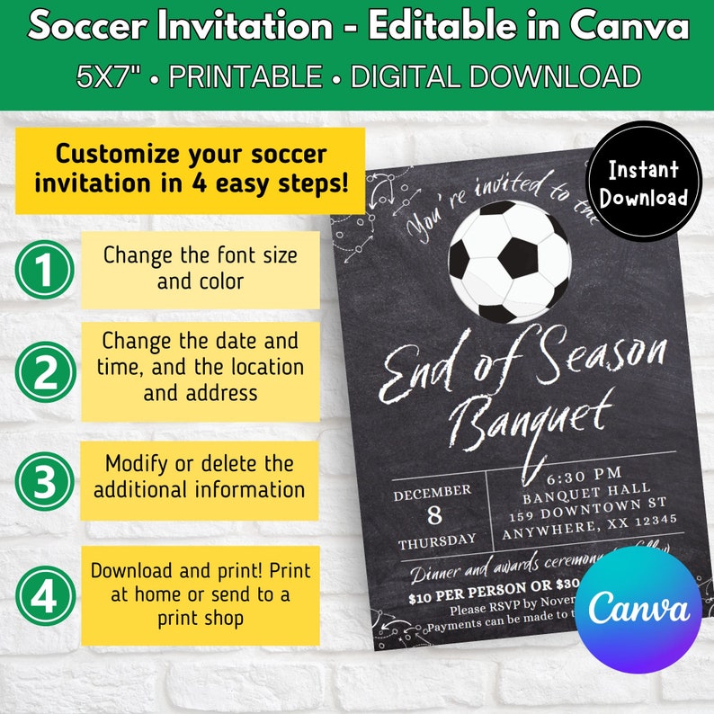 Editable Soccer Banquet Invitation Template, Team Party, End of Season ...