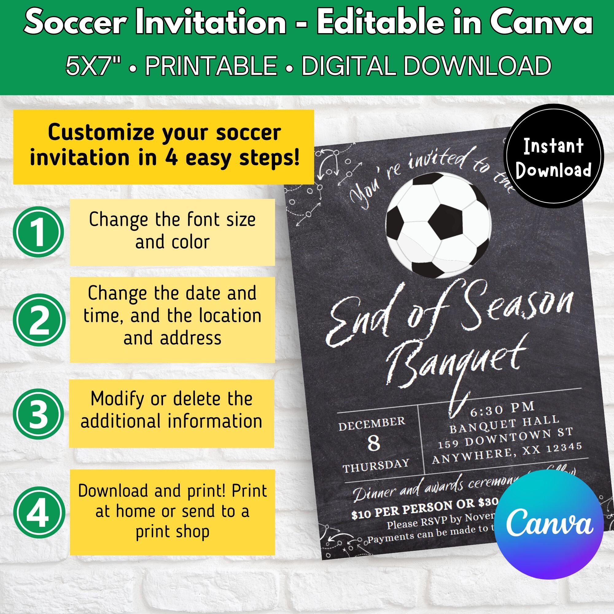 Editable Soccer Banquet Invitation Template, Team Party, End of Season ...