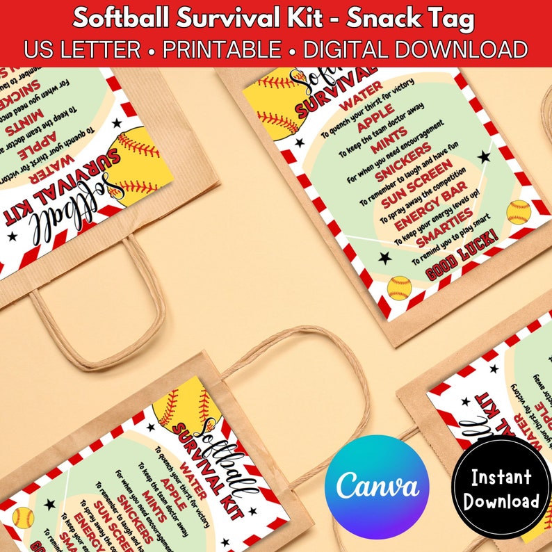 Editable Softball Survival Kit Gift Tag, Gift Bag Printable, Softball ...