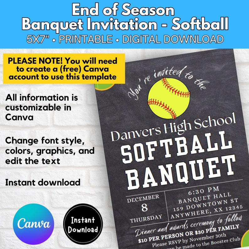 Editable Softball Invitation Template, Team Party, End of Season ...