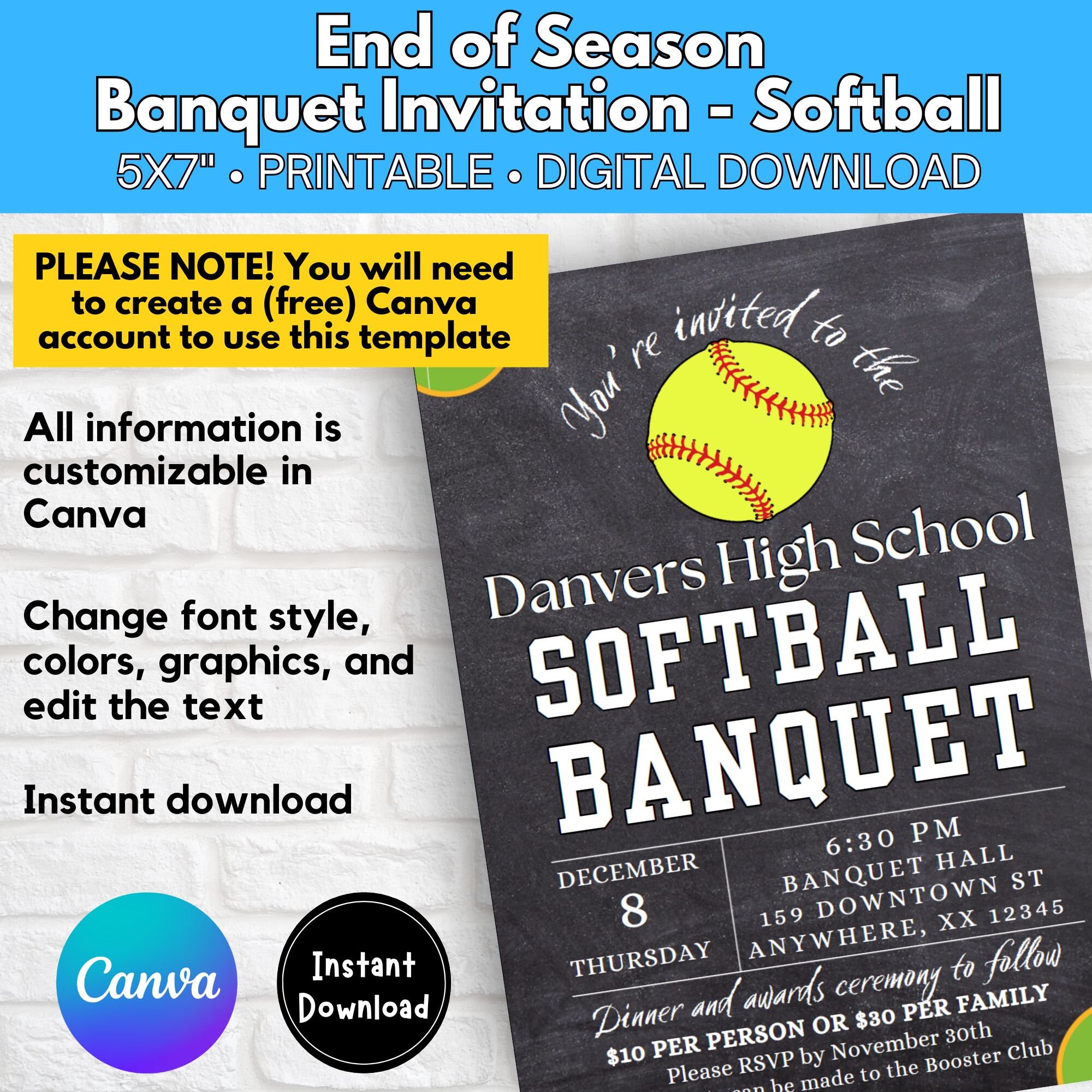 Editable Softball Invitation Template, Team Party, End of Season, Sports Banquet, Senior Night ...