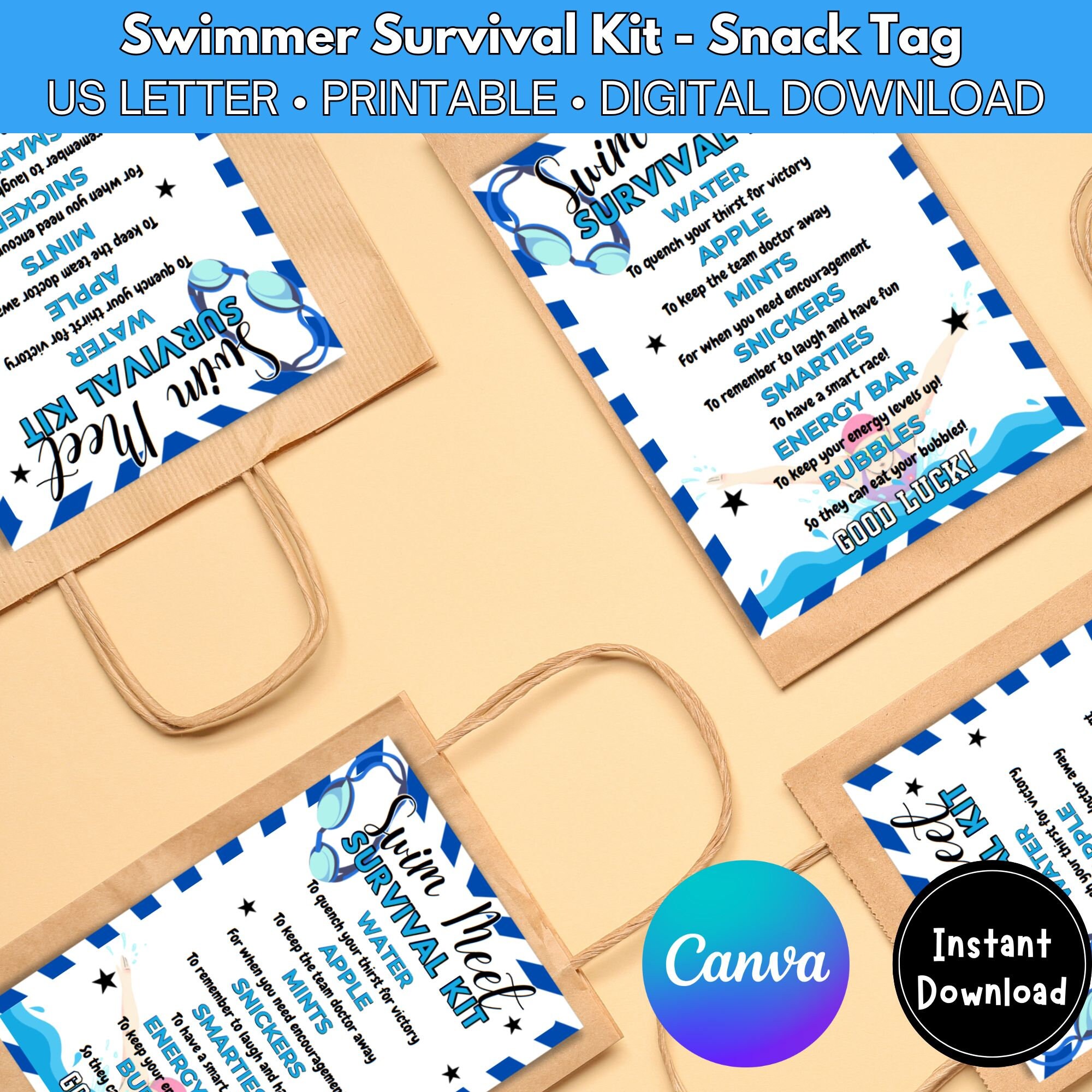 Editable Swim Team Survival Kit Gift Tag, Gift Bag Printable, Swim Gift ...