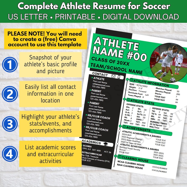 Soccer Athlete Profile Sheet, College Recruiting, Editable Canva ...