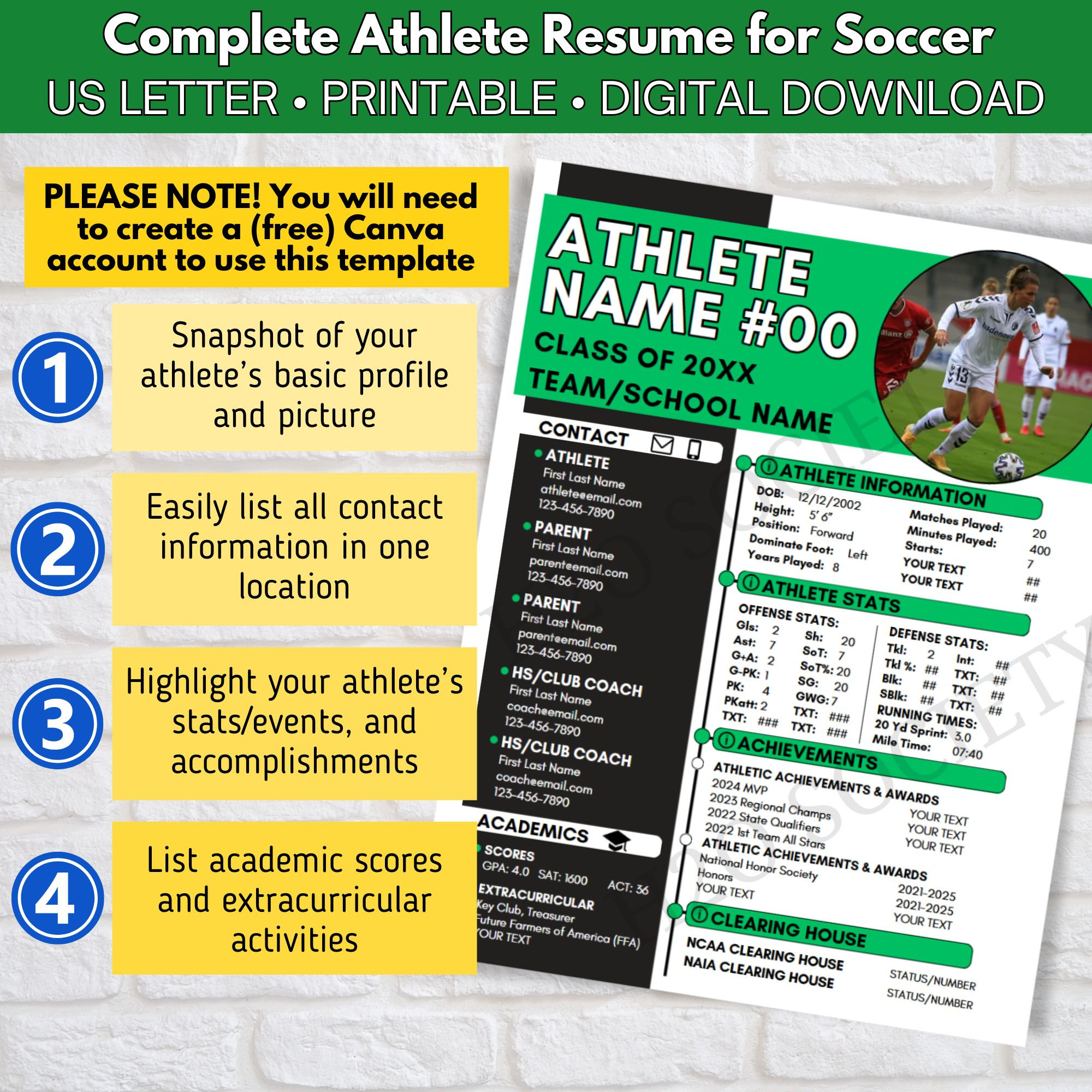 Soccer Athlete Profile Sheet, College Recruiting, Editable Canva Template, Soccer Profile ...