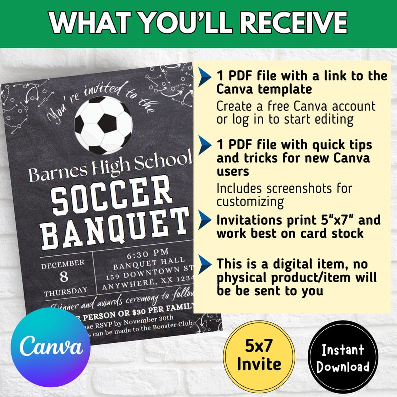 Printable Soccer Team Banquet Invitation, Team Party, End of Season ...