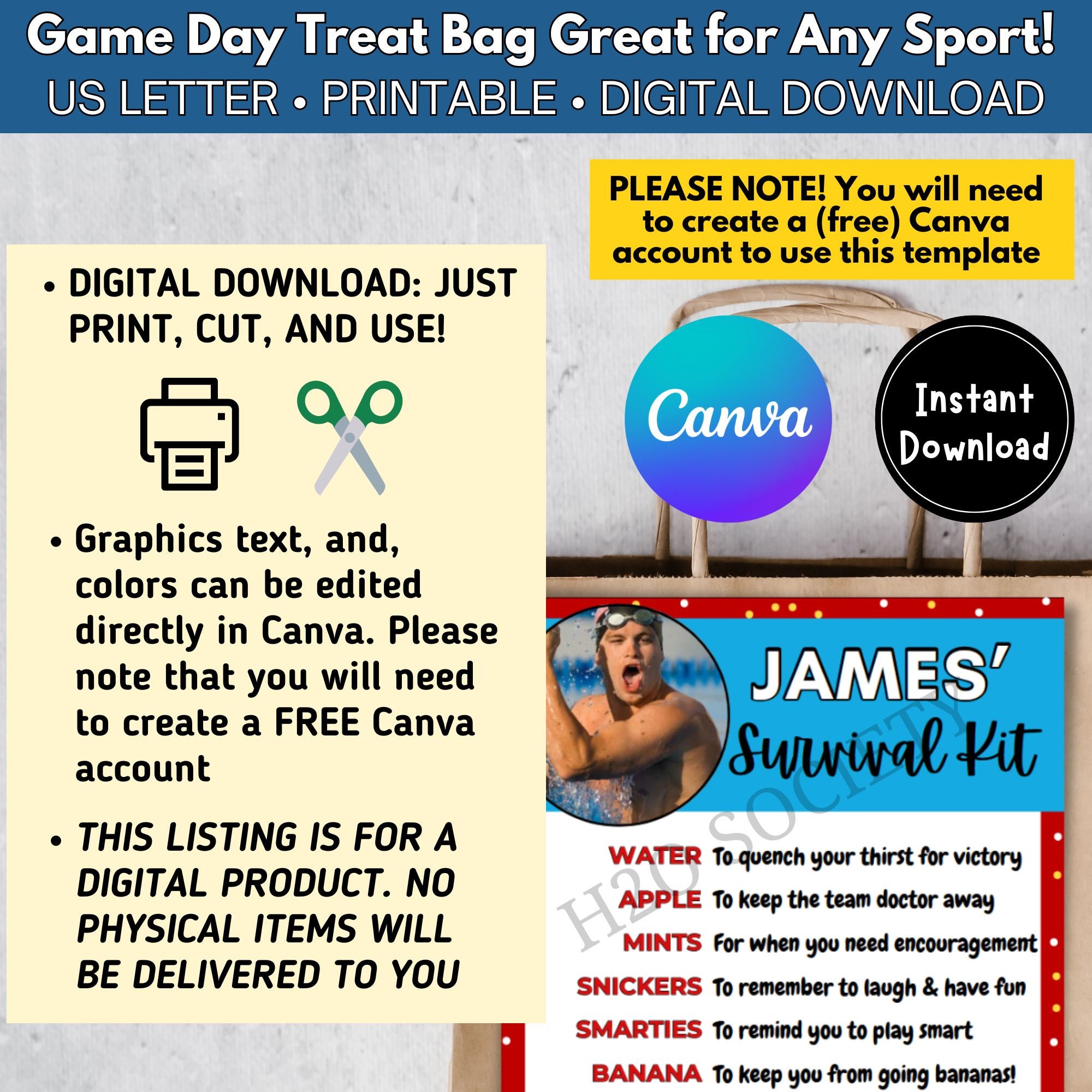 Editable Team Survival Kit Gift Tag, All Sports, Gift Bag Printable ...