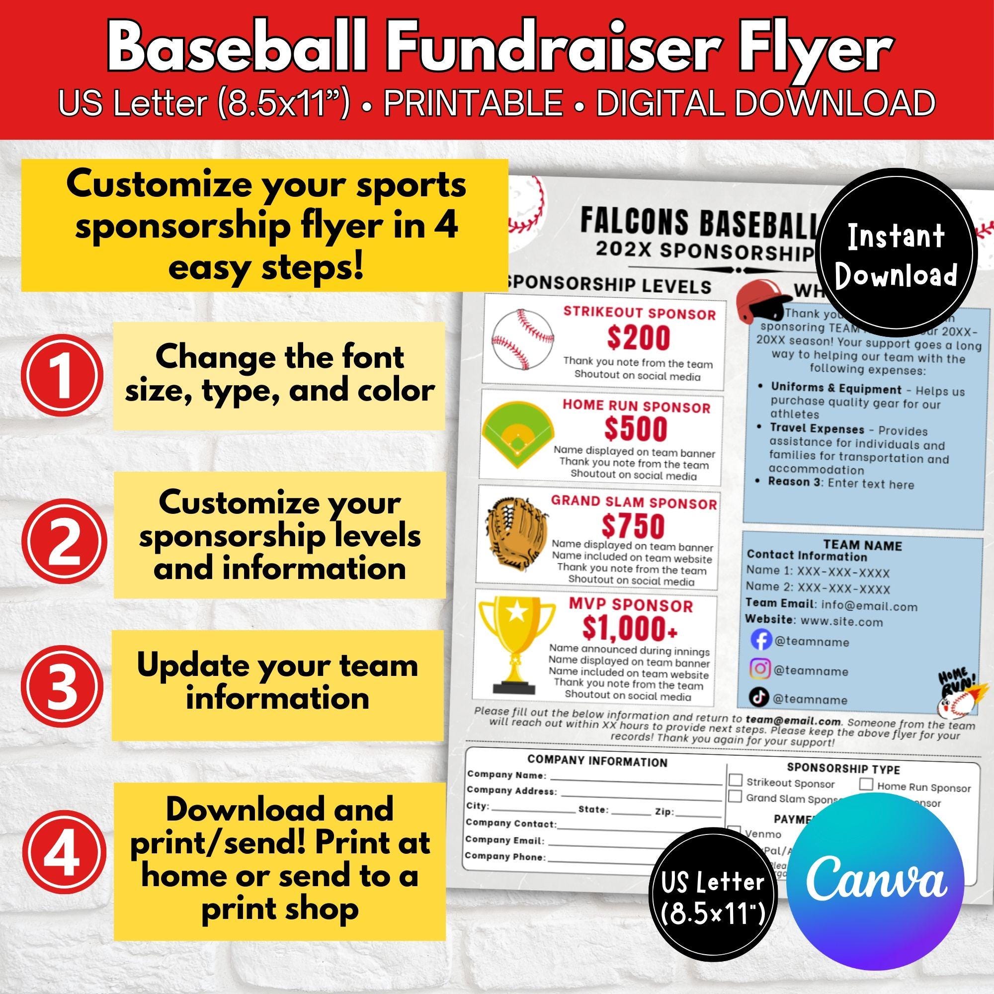 Baseball Sponsorship Flyer Template, Fundraiser Form, Sponsor My Season ...