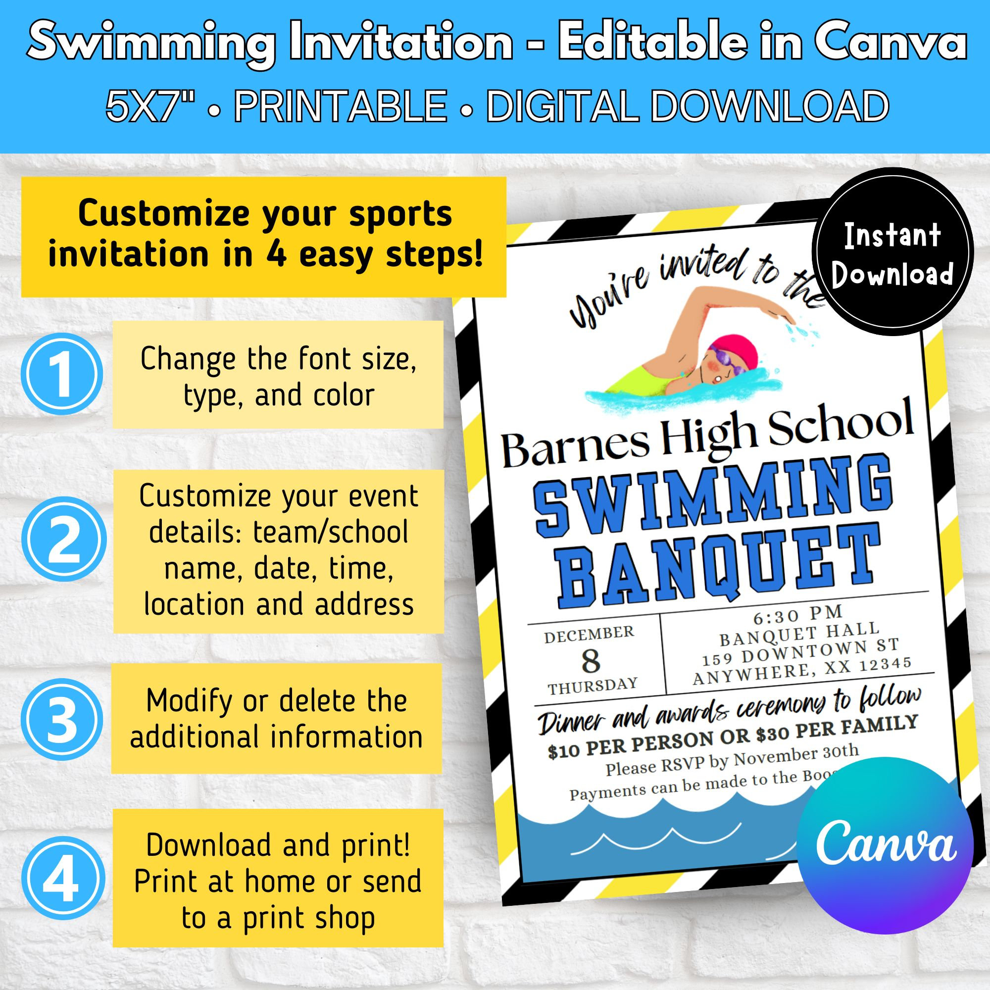 Printable Swim Team Banquet Invitation, Team Party, End of Season ...