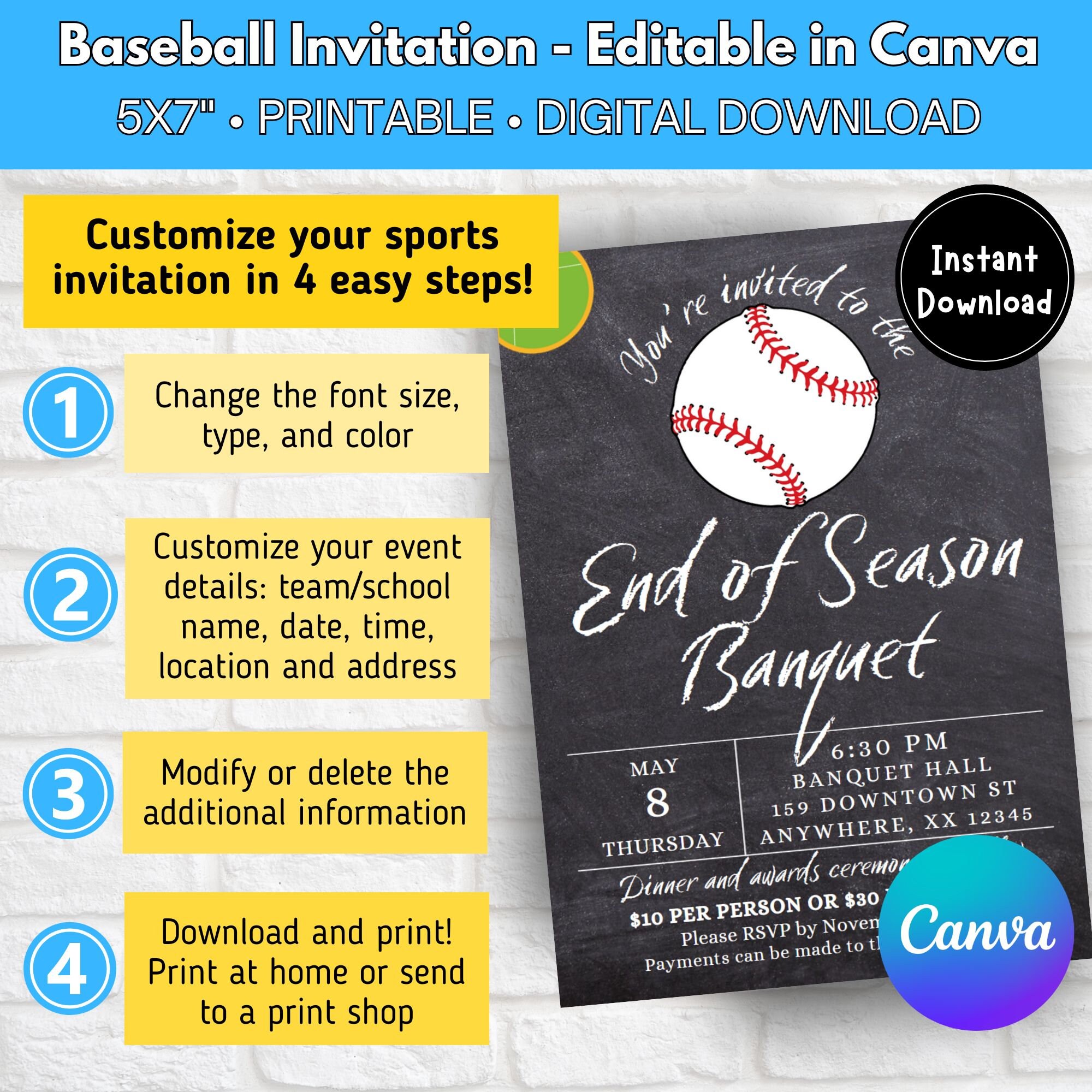 Editable Baseball Invitation Template, Team Party, End of Season ...
