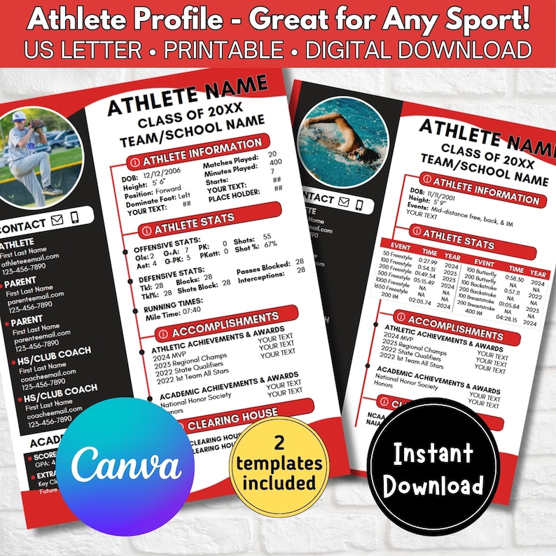 Athlete Profile Sheet, College Recruiting, Editable Canva Template, All ...