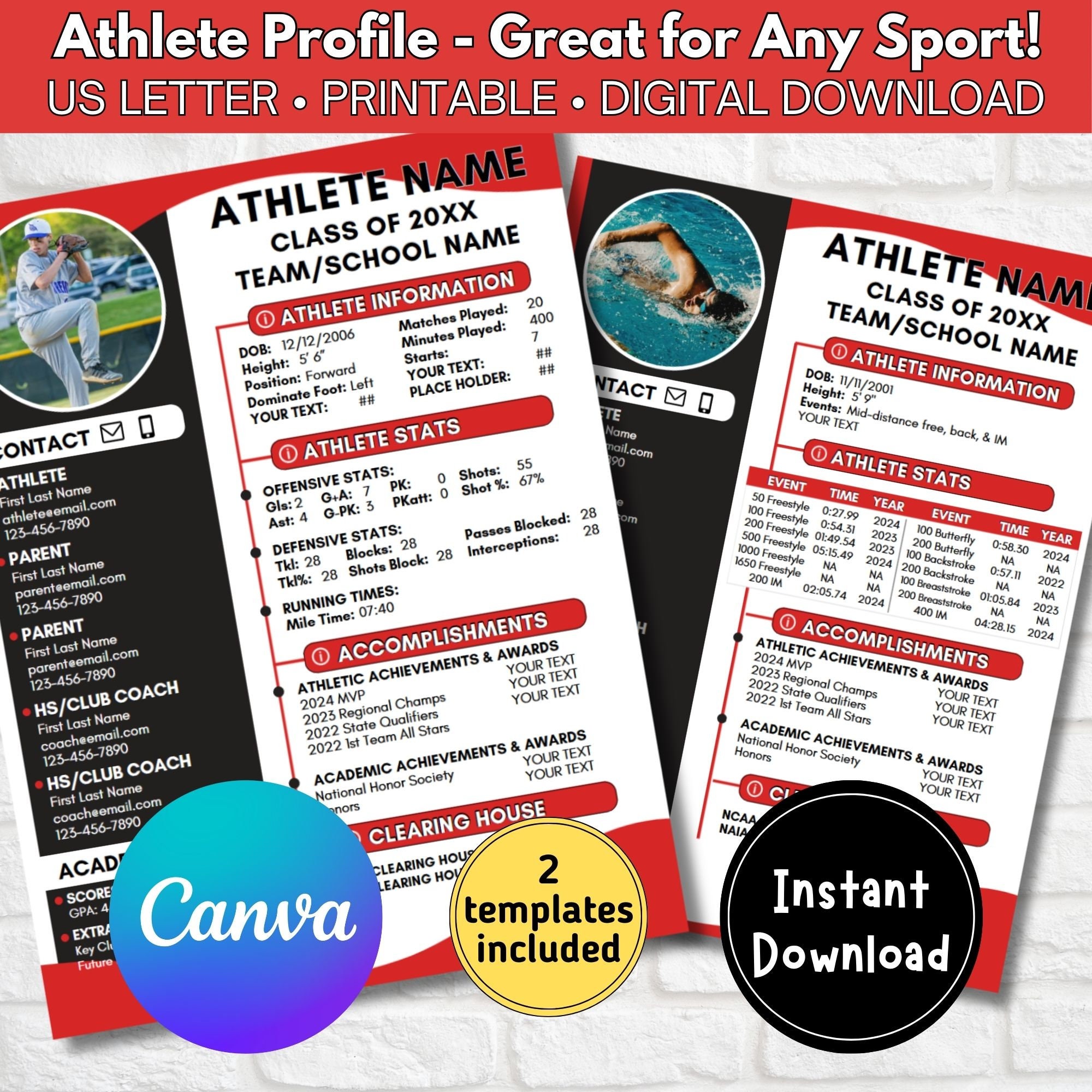 Athlete Profile Sheet, College Recruiting, Editable Canva Template, All ...