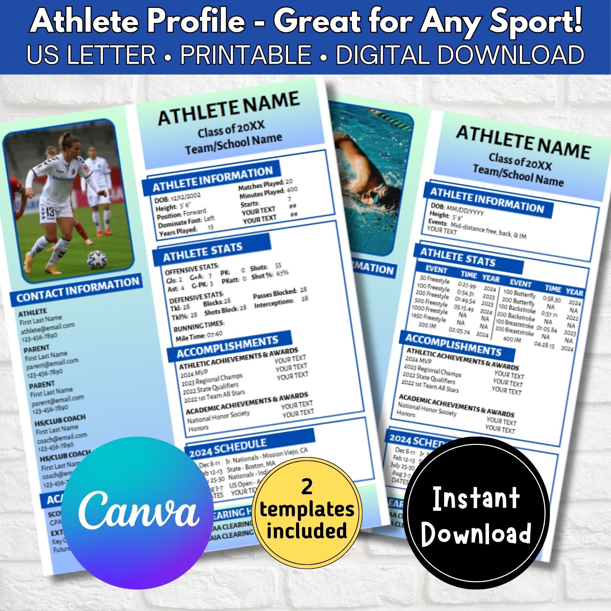 Athlete Profile Sheet, College Recruiting, Editable Canva Template, All ...