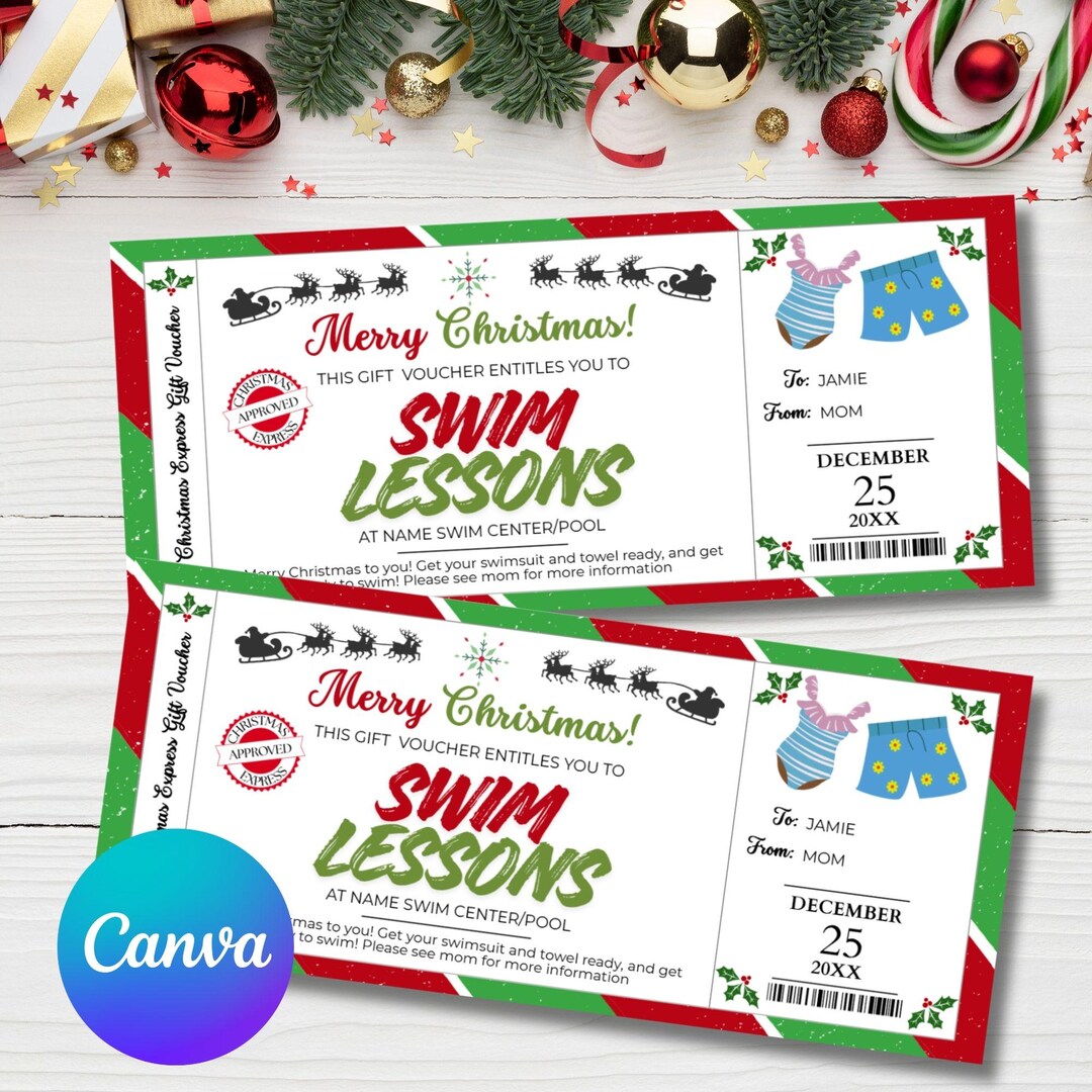 Editable Swim Lessons Christmas Gift Voucher, Learn to Swim Coupon ...