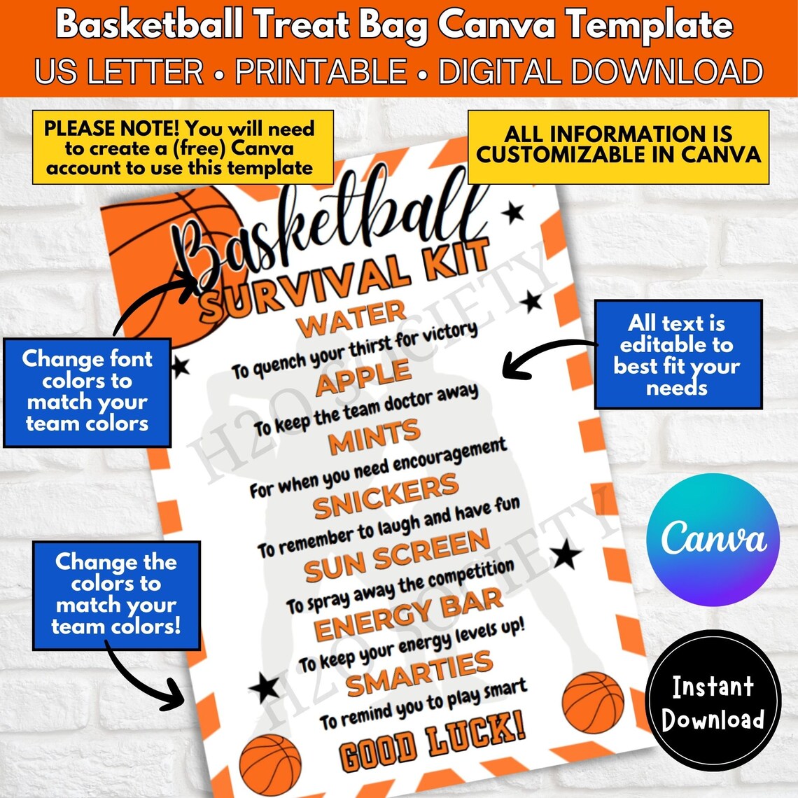 Editable Basketball Survival Kit Gift Tag, Gift Bag Printable ...