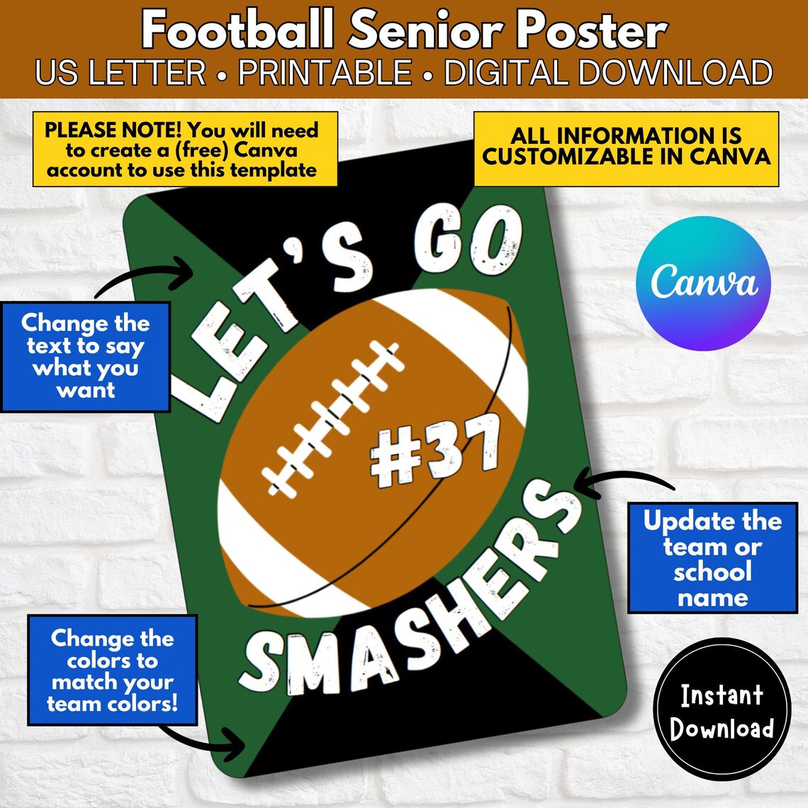 Editable Football Poster, Senior Fan, Football Gift, Senior Night ...