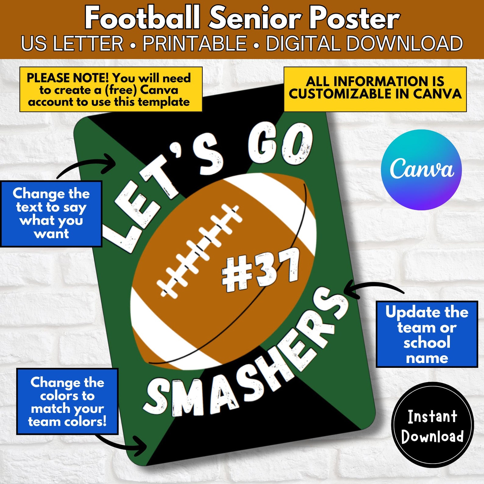 Editable Football Poster, Senior Fan, Football Gift, Senior Night ...