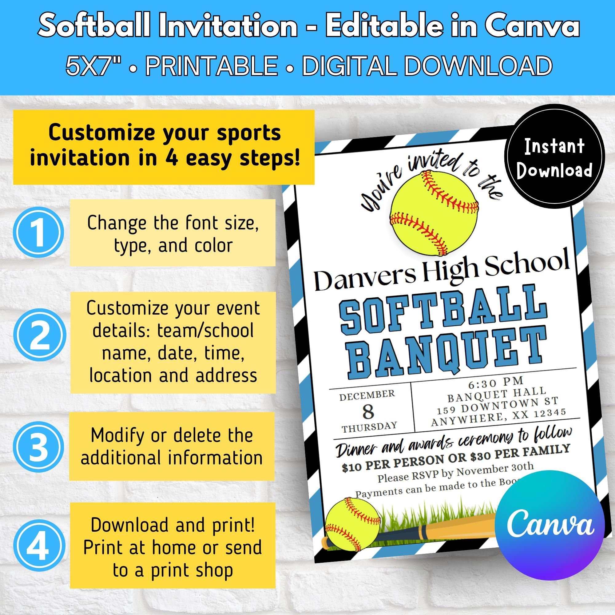 Printable Softball Invitation Template, Team Party, End of Season ...