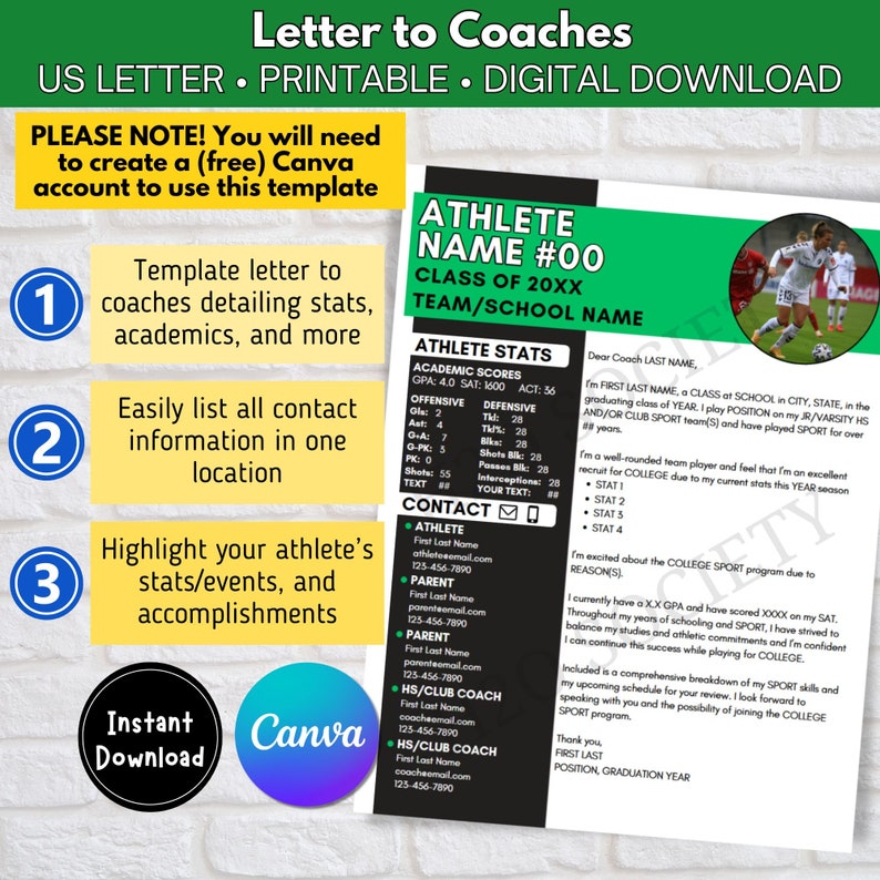 Soccer Athlete Profile Sheet, College Recruiting, Editable Canva ...