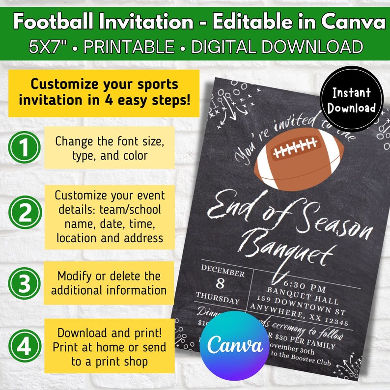 Printable Football Team Banquet Invitation, Team Party, End of Season ...