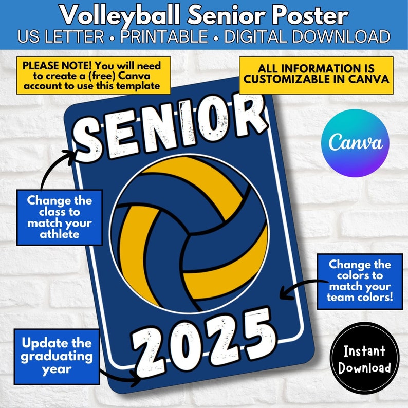 Editable Volleyball Poster, Senior Fan, Volleyball Gift, Senior Night ...