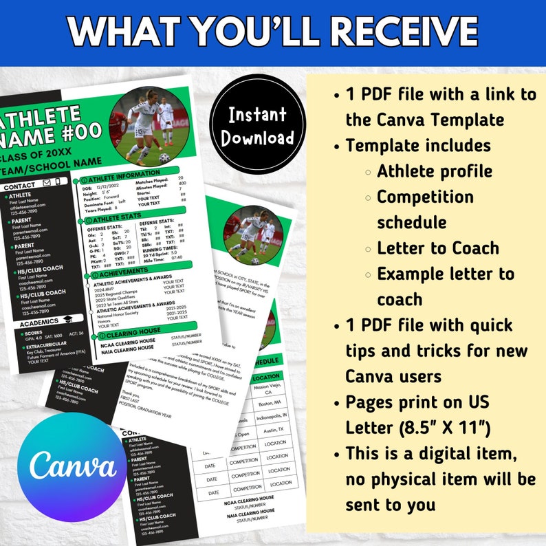 Soccer Athlete Profile Sheet, College Recruiting, Editable Canva Template, Soccer Profile ...