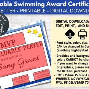 Editable Swimming Award Certificates, Award Ceremony Certificates, End ...
