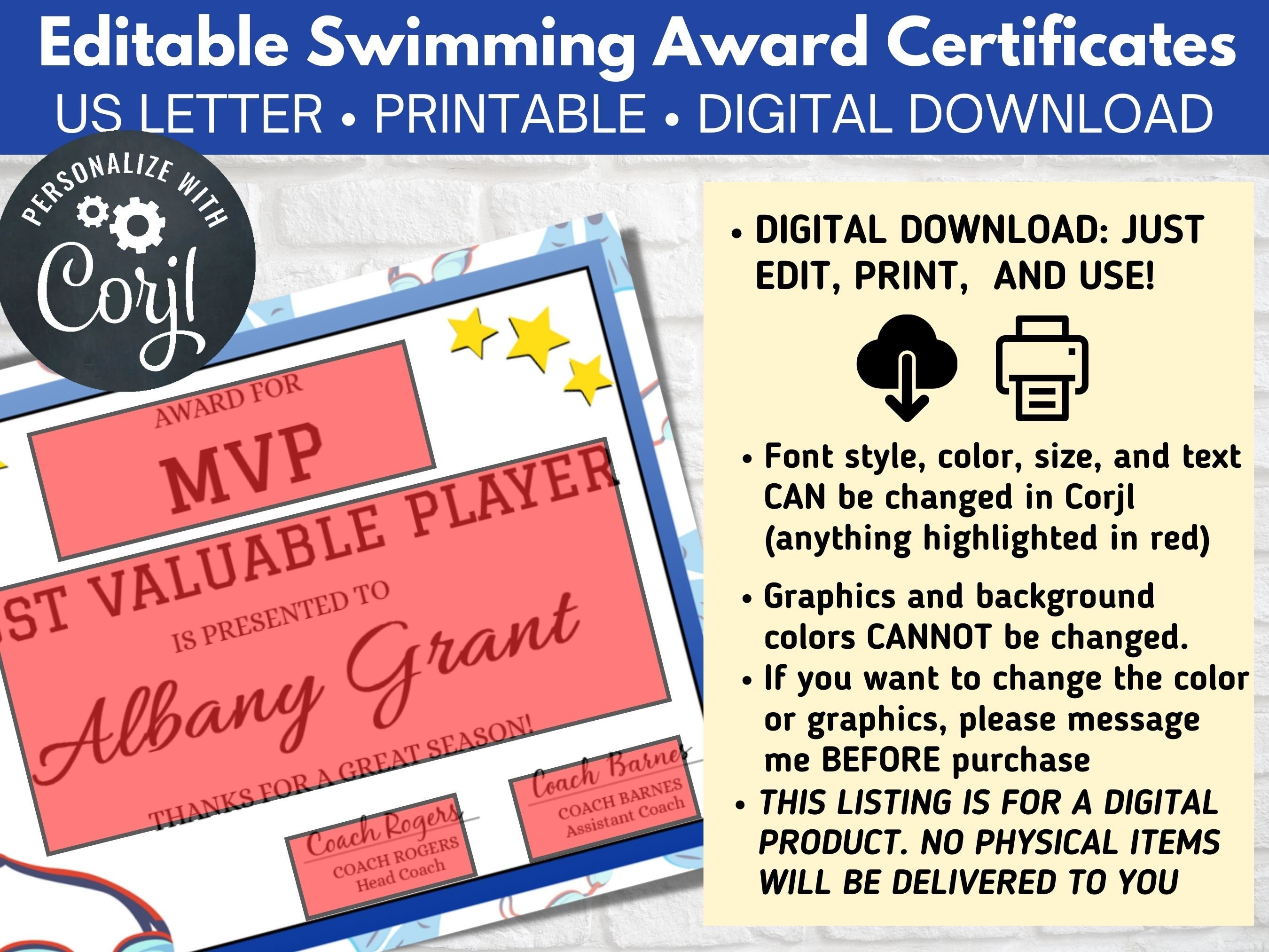 Editable Swimming Award Certificates, Award Ceremony Certificates, End ...