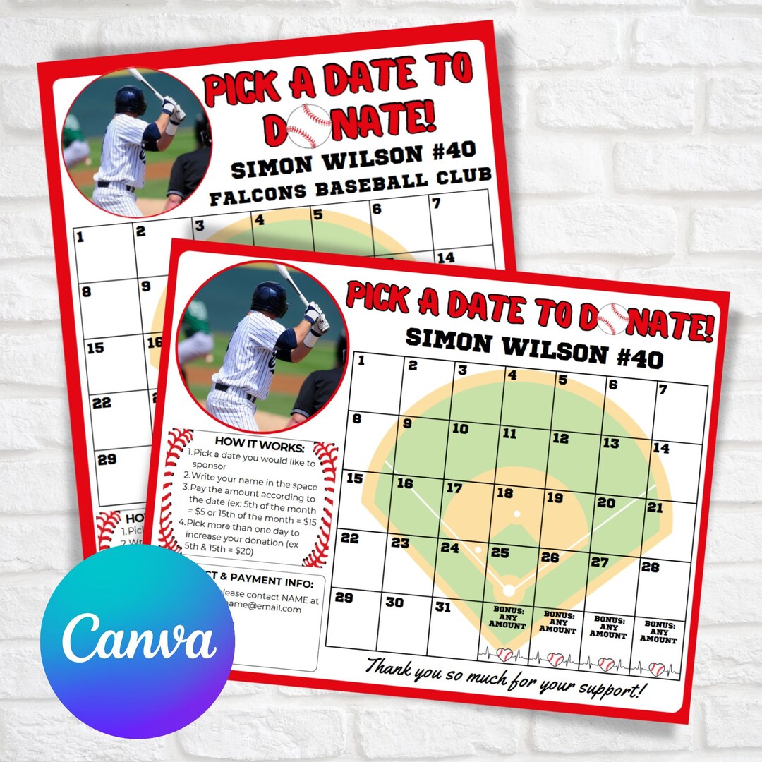 Editable Baseball Calendar Fundraiser Template, Pick a Date to Donate ...