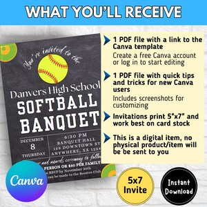 Editable Softball Invitation Template, Team Party, End of Season, Sports Banquet, Senior Night ...