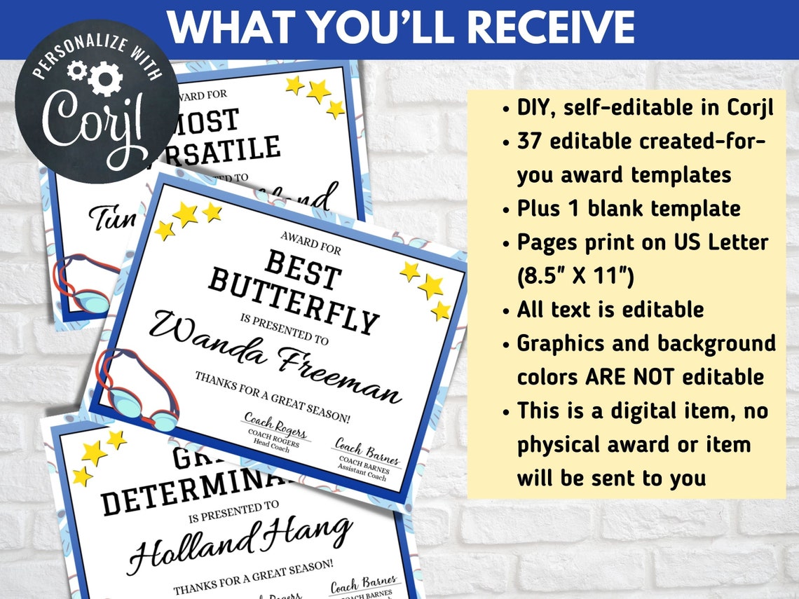 Editable Swimming Award Certificates, Award Ceremony Certificates, End ...