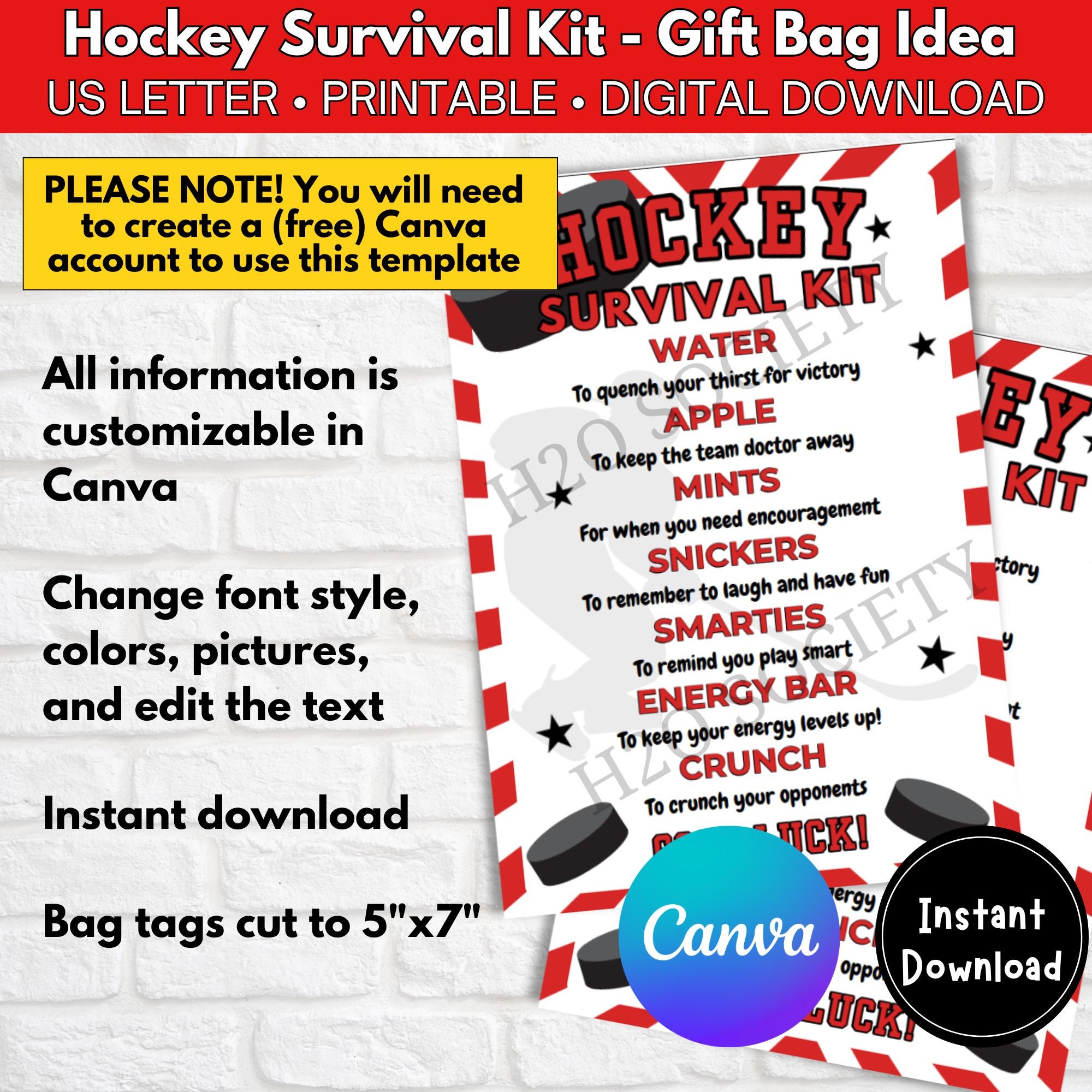 Editable Hockey Survival Kit Gift Tag, Gift Bag Printable, Hockey Gift ...