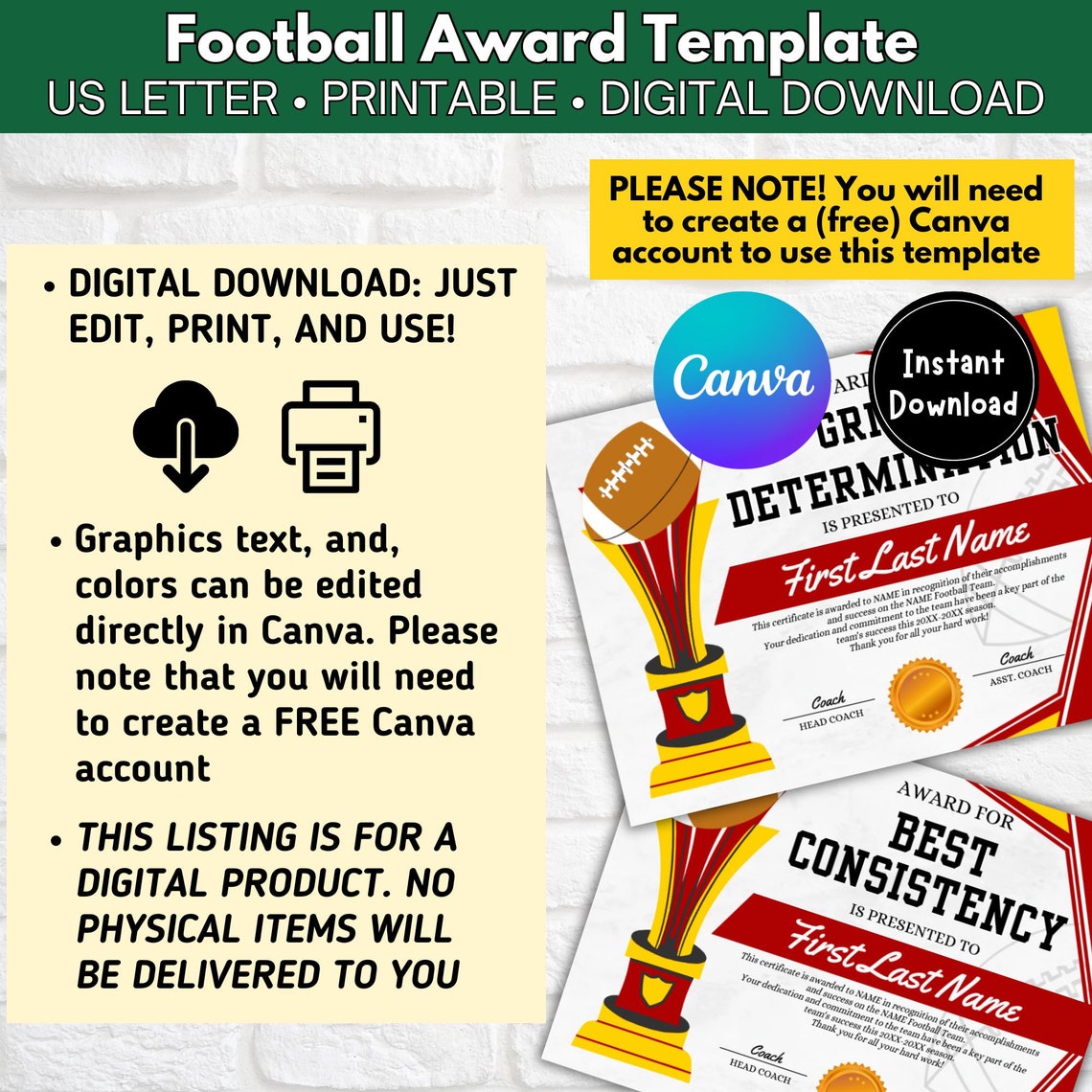 Editable Football Award Certificates, Canva Template, Certificate ...