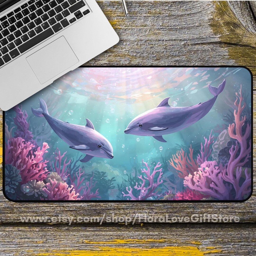 Desk Mat Coral Reef Ocean Scene, Pastel Sea Life Mousepad Dolphin Lover ...