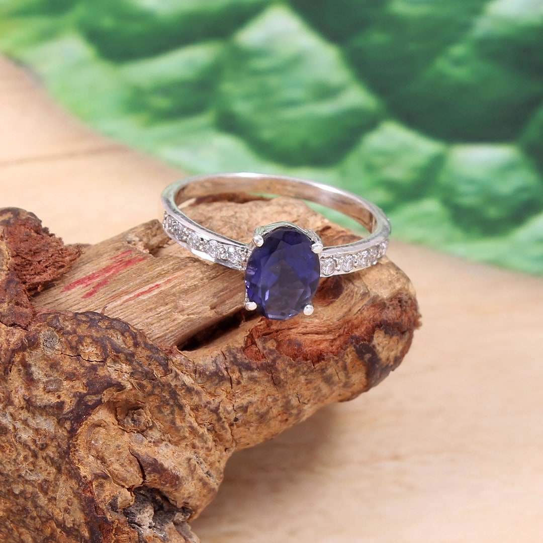 Handmade Oval Iolite Ring, Sterling Silver Halo Ring - Etsy