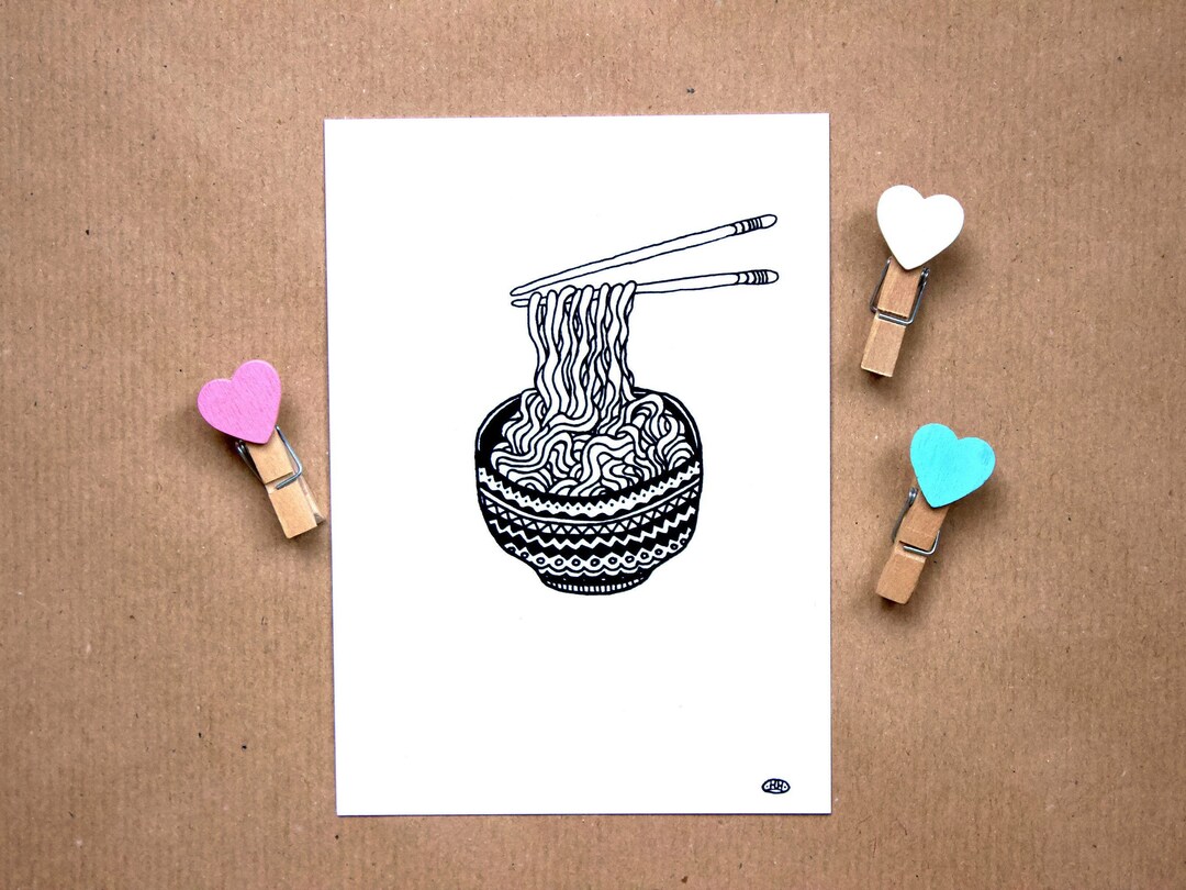 Noodle Love | Original Illustration, Cute Print, Handmade, Black and ...
