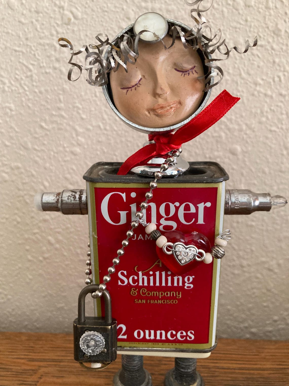 Shebot, Made From Vintage Spice Tin, Clay Face, Nuts and Bolts, Hardware, Jewels and Doo Dads ...